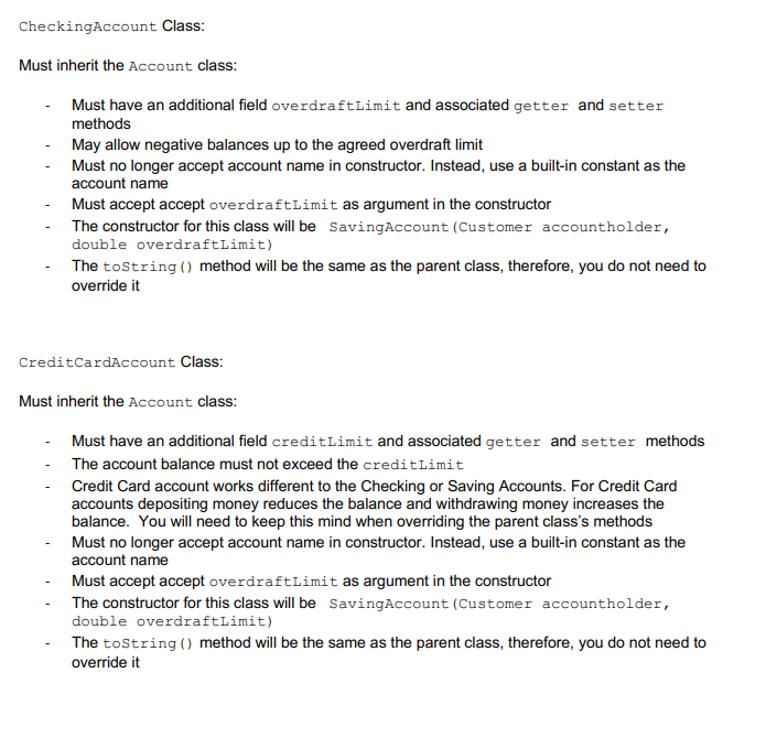 Solved Create a generic Account class and three subclasses: | Chegg.com
