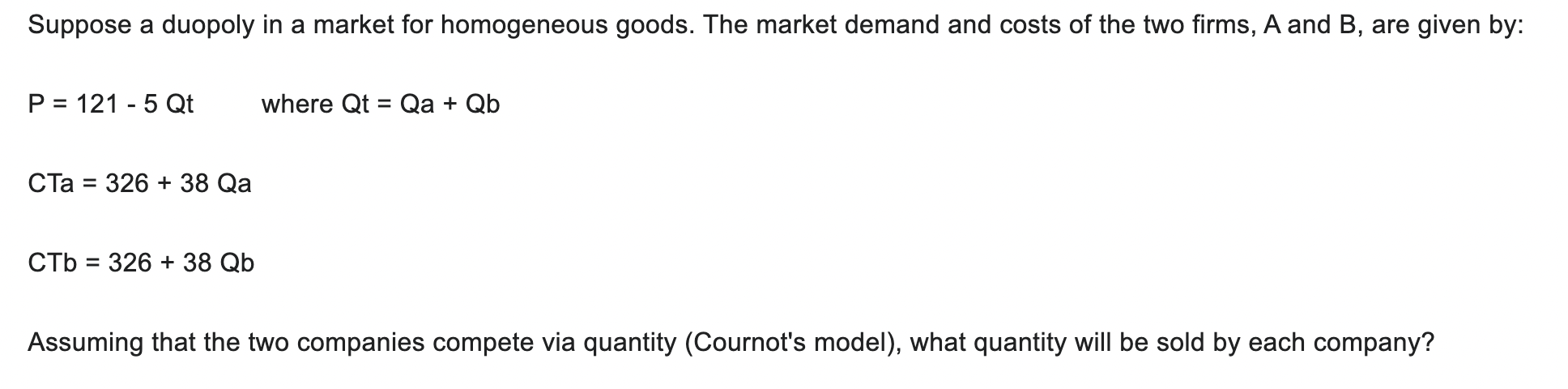 Solved Suppose a duopoly in a market for homogeneous goods. | Chegg.com