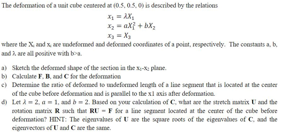 Solved The Deformation Of A Unit Cube Centered At
