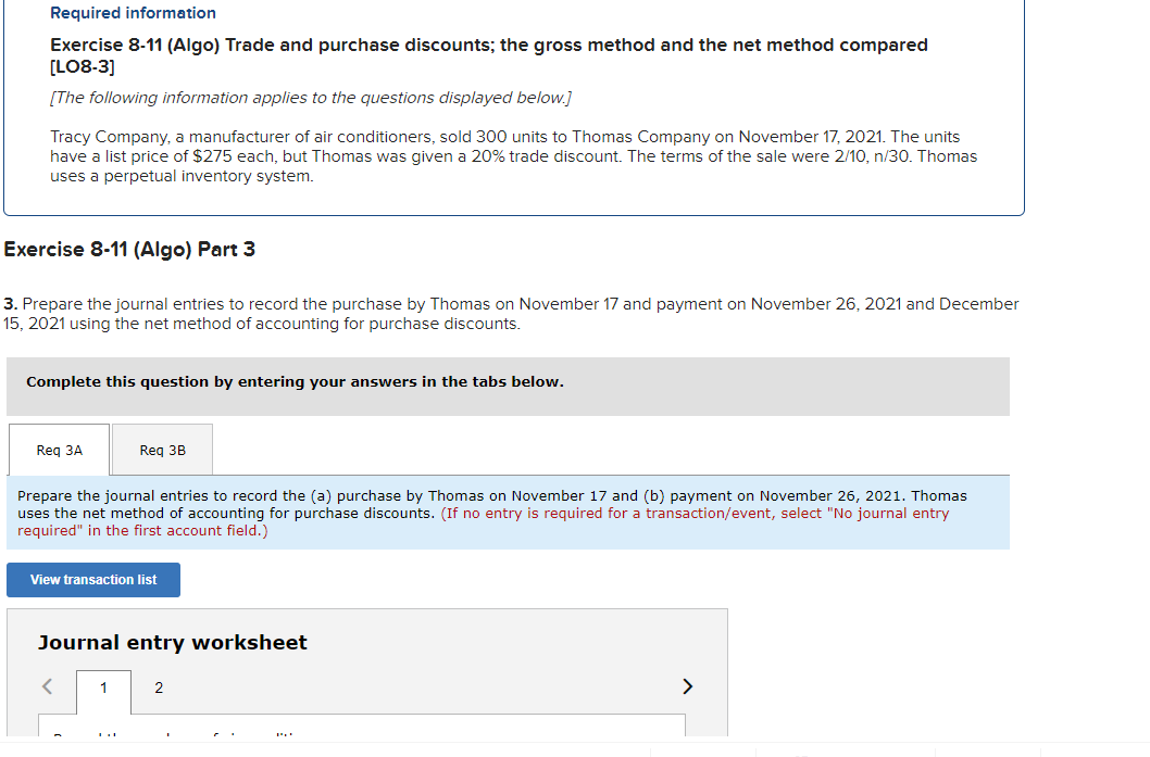 Solved Required information Exercise 8-11 (Algo) Trade and | Chegg.com