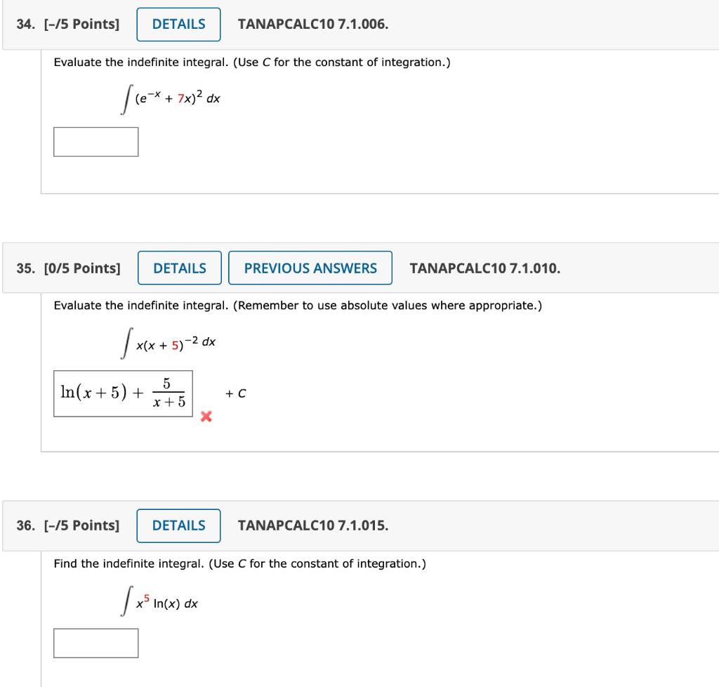 Solved 34. [-15 Points] DETAILS TANAPCALC10 7.1.006. | Chegg.com