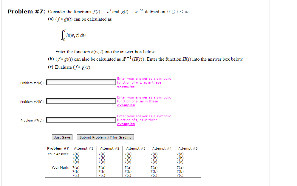 Solved n \#7: Consider the functions f(t)=et and g(t)=e−6t | Chegg.com