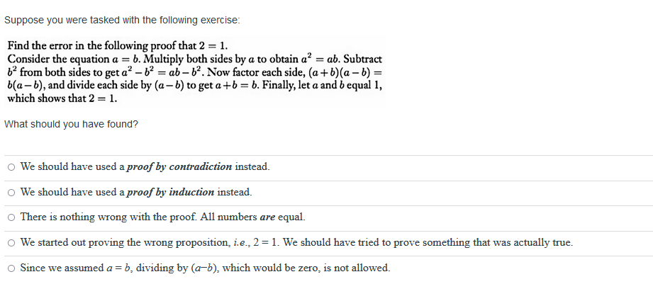 Solved Find the error in the following proof that \\( 2=1 | Chegg.com