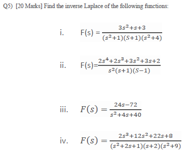 Solved Q5) [20 Marks] Find the inverse Laplace of the | Chegg.com