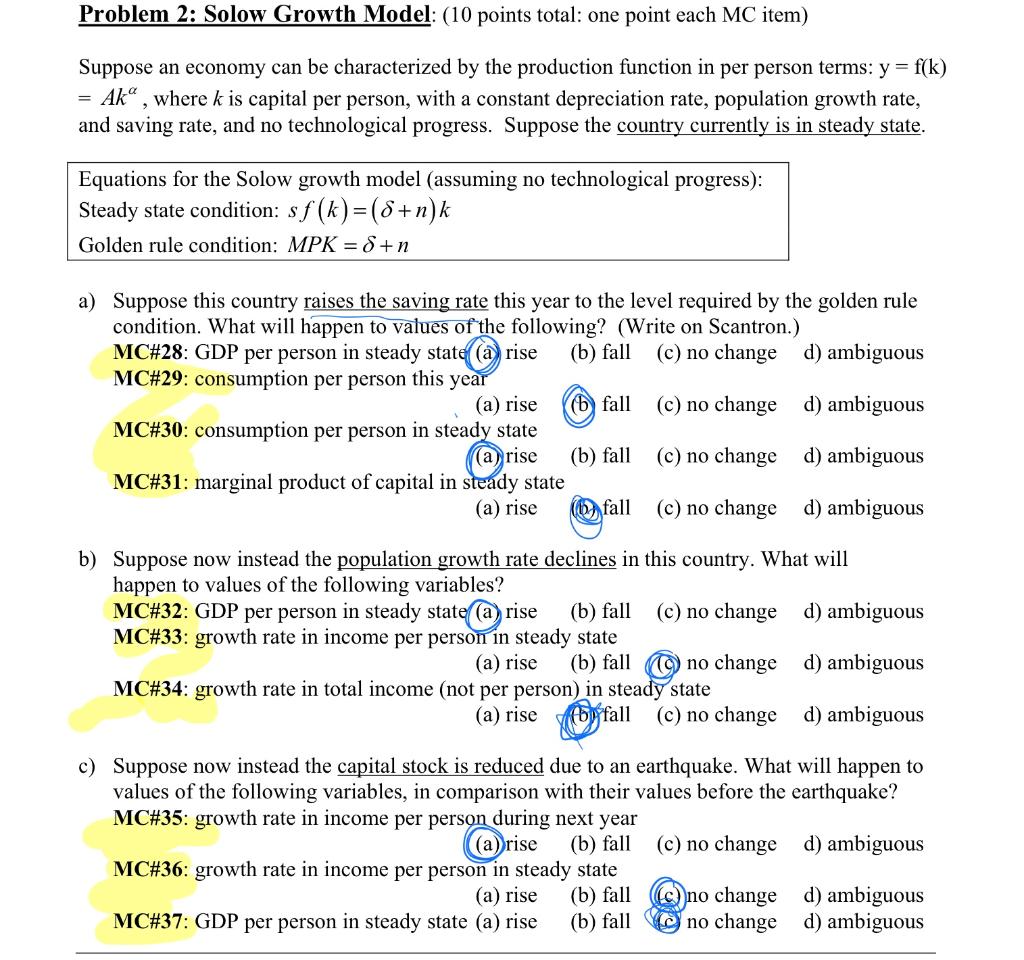 Solved Problem 2: Solow Growth Model: (10 points total: one | Chegg.com