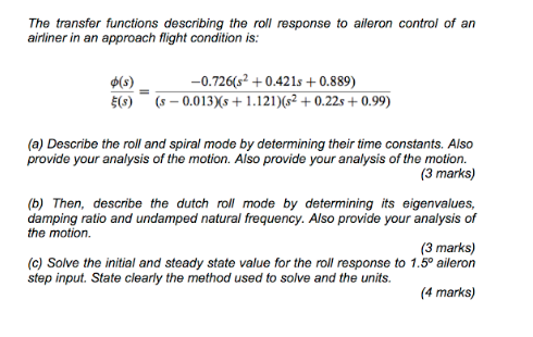 The transfer functions describing the roll response | Chegg.com