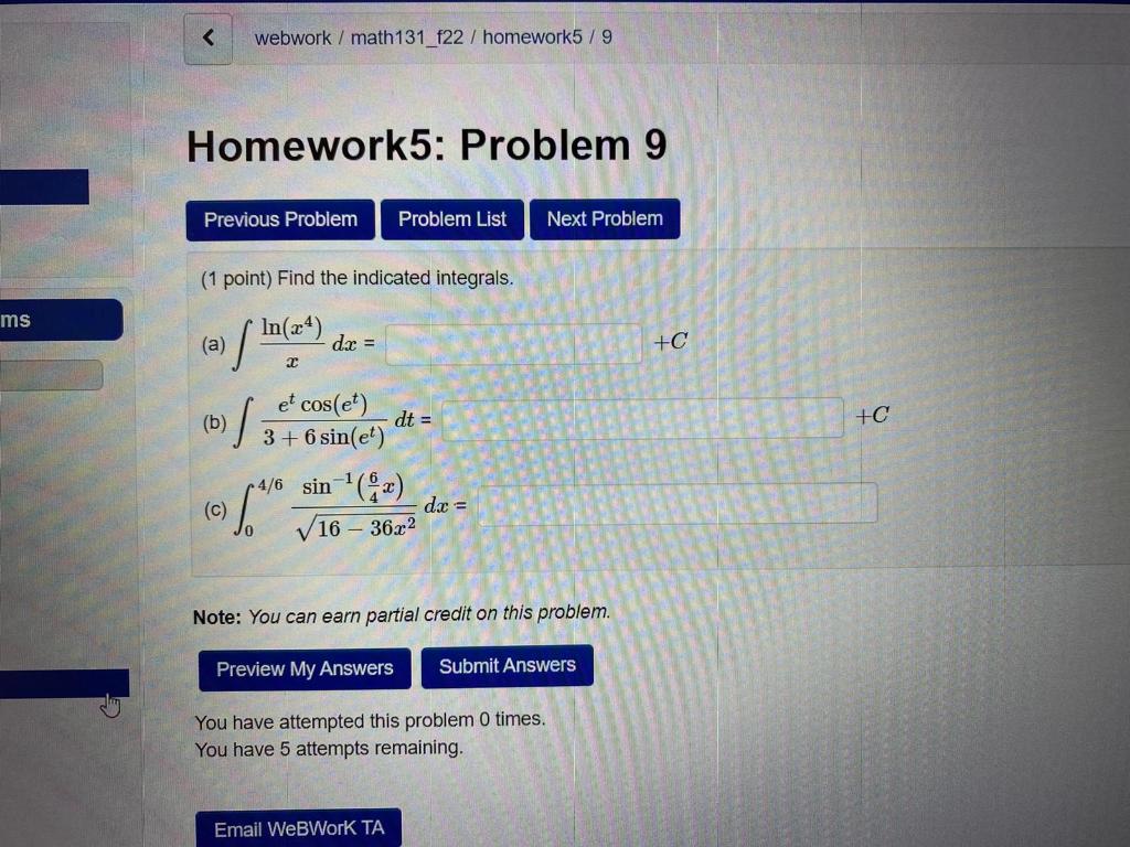 Solved ( 1 point) Find the indicated integrals. (a) | Chegg.com