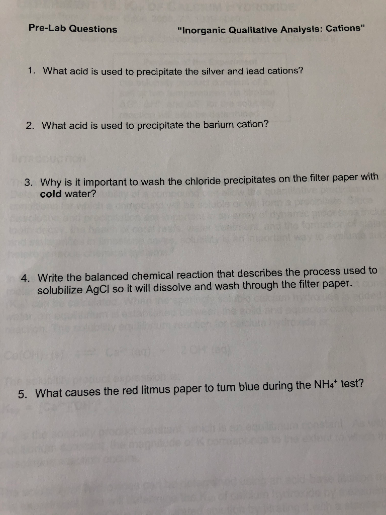 Solved Pre-Lab Questions "Inorganic Qualitative Analysis: | Chegg.com