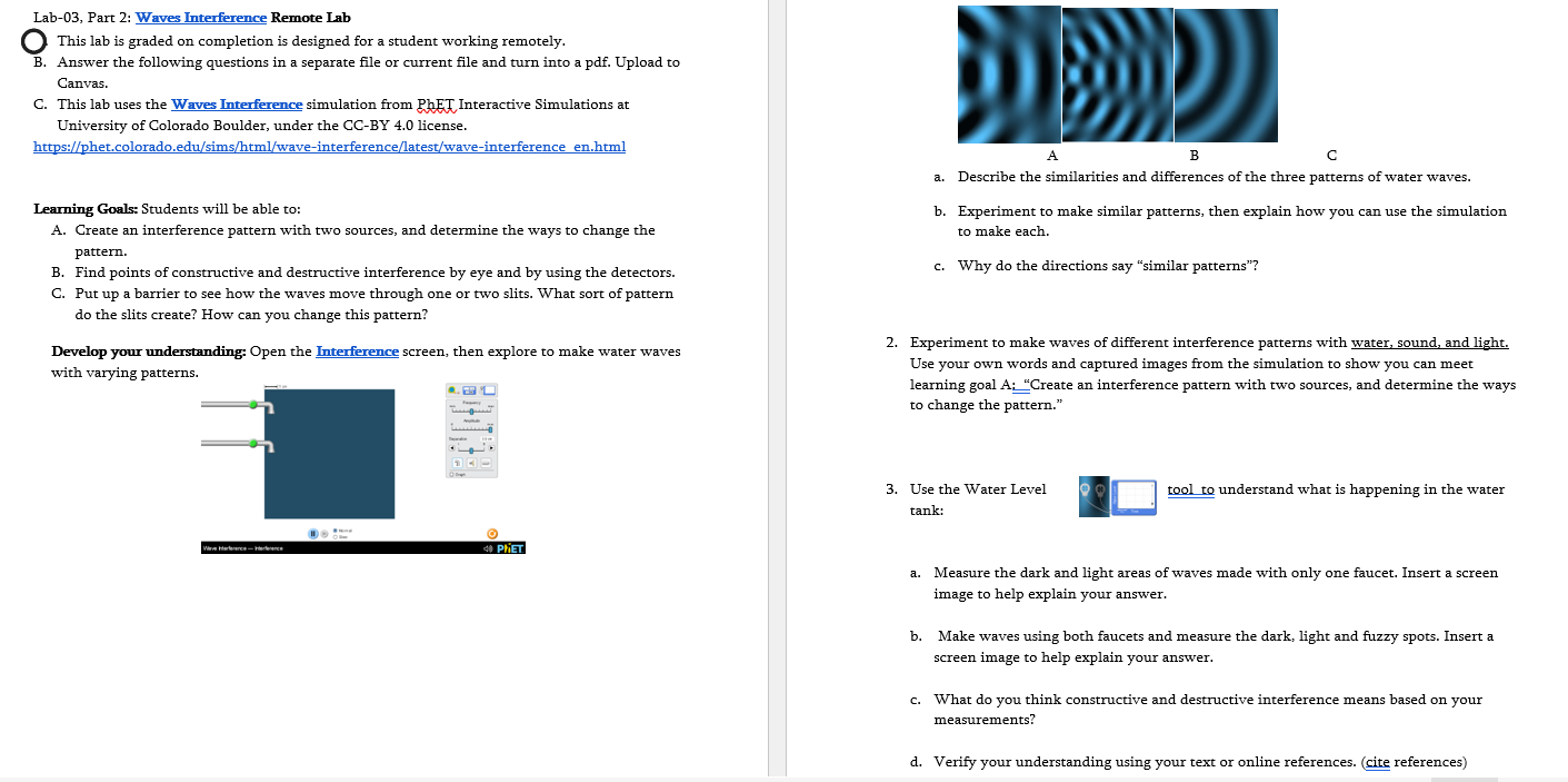 Lab-03, Part 2: Waves Interference Remote Lab This | Chegg.com