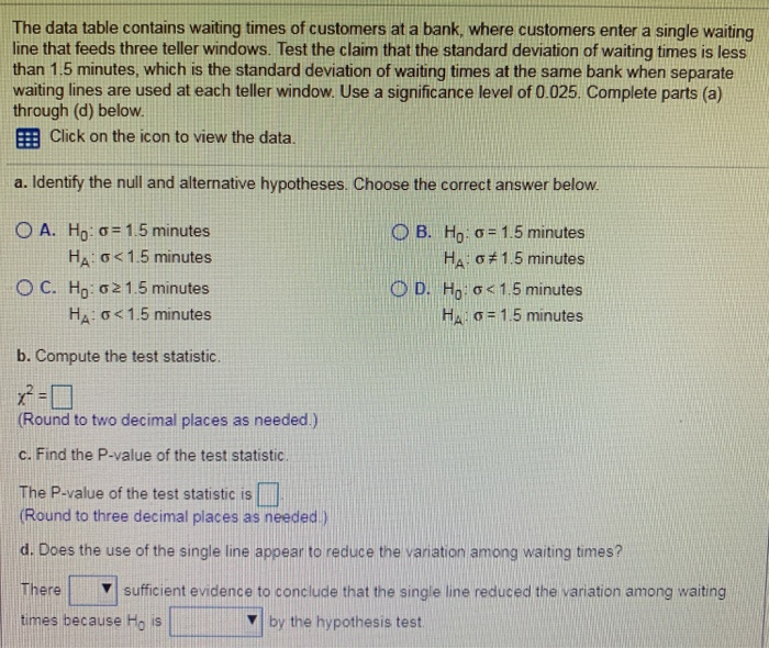 Solved The data table contains waiting times of customers at | Chegg.com