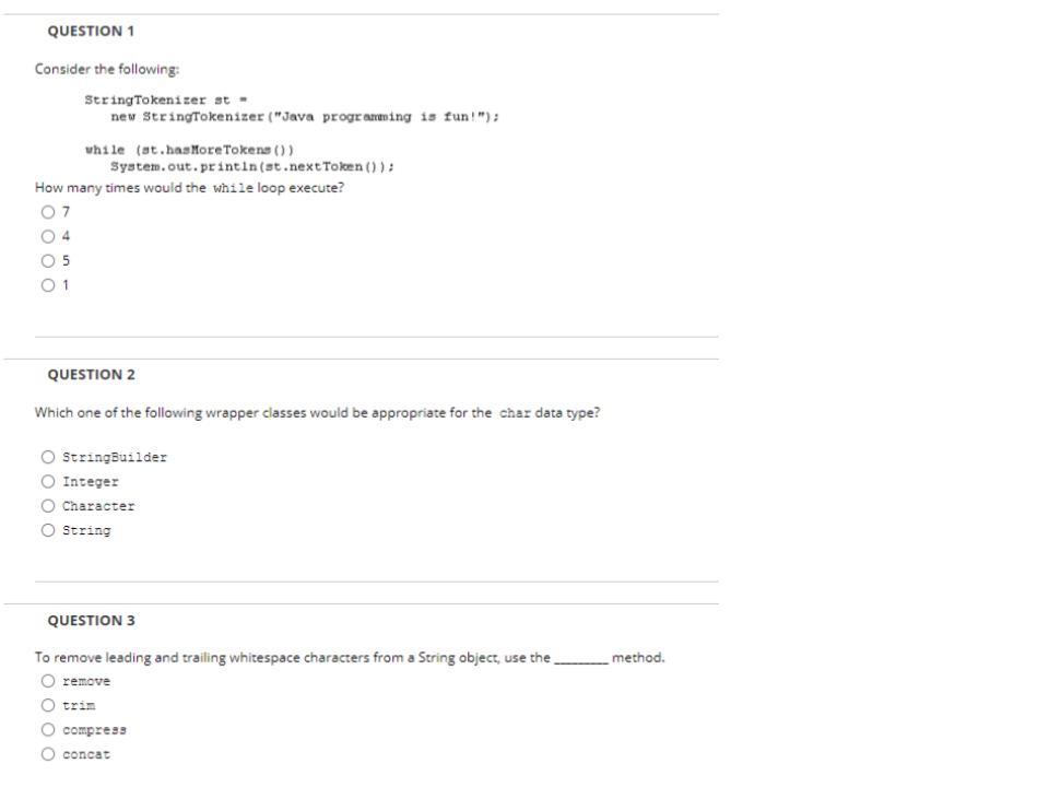 Solved QUESTION 1 Consider the following: StringTokenizer | Chegg.com