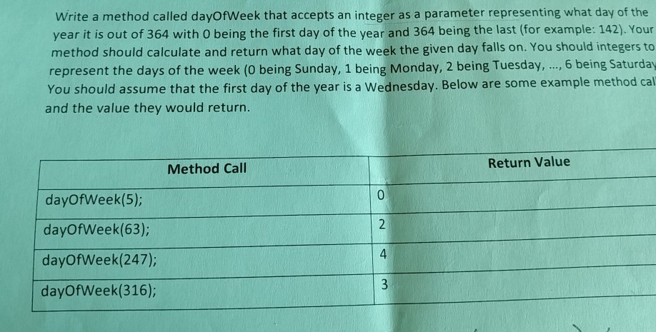 Solved Write a method called dayOfWeek that accepts an | Chegg.com