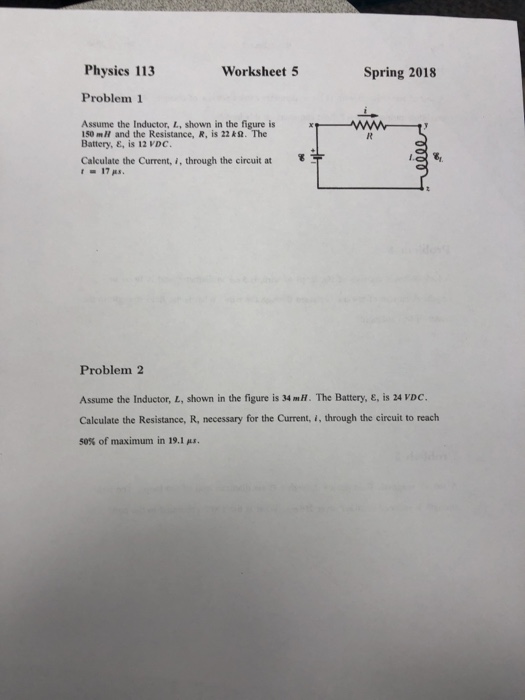 Solved Physies 113 Worksheet 5 Spring 2018 Problem 1 Assume | Chegg.com