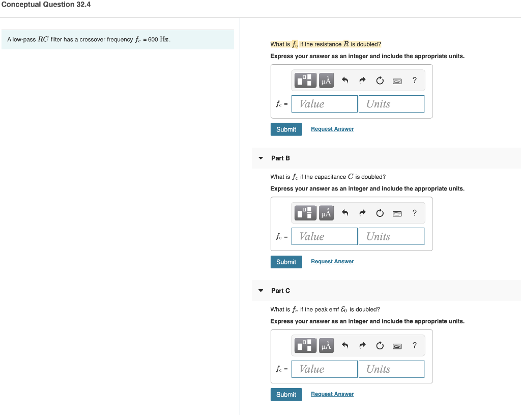 Solved Conceptual Question 32.4 A low-pass RC filter has a | Chegg.com