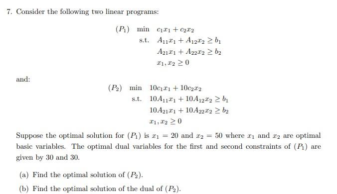 Solved 7. Consider the following two linear programs: | Chegg.com