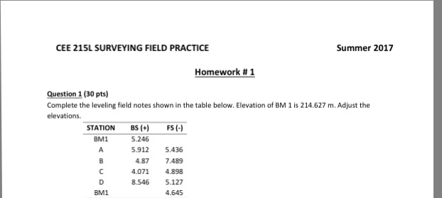 Solved Complete the leveling field notes shown in the table | Chegg.com