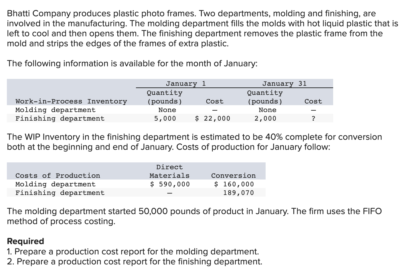 Solved Bhatti Company produces plastic photo frames. Two | Chegg.com