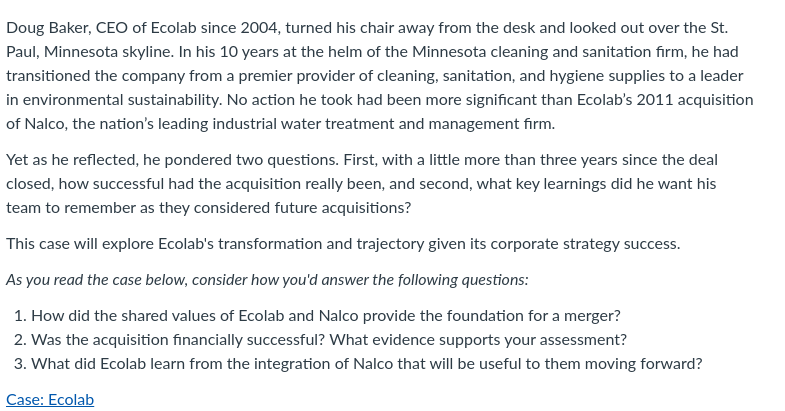 Solved Doug Baker, CEO of Ecolab since 2004, turned his | Chegg.com