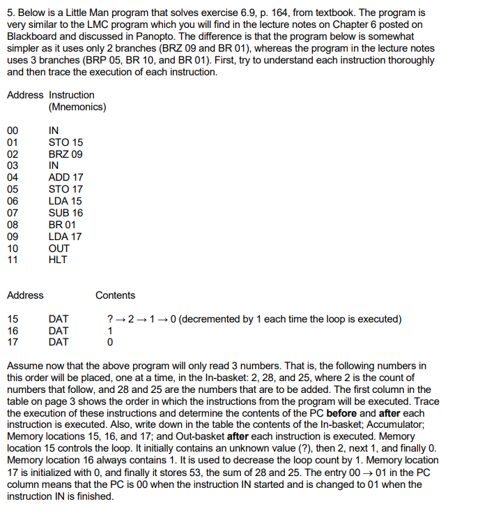 5. Below is a Little Man program that solves exercise | Chegg.com