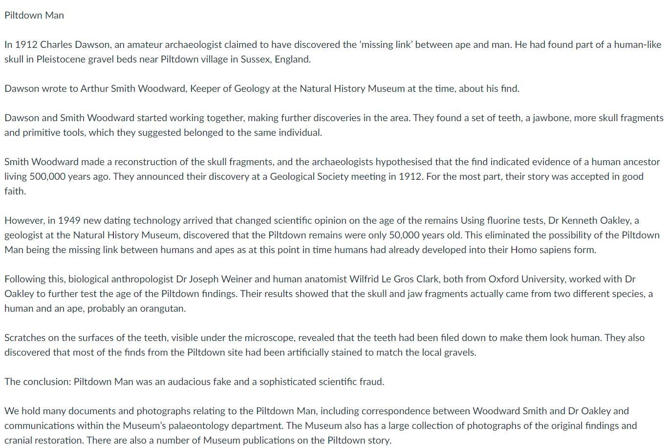 Solved Read the article on "Piltdown Man - The Greatest Hoax | Chegg.com