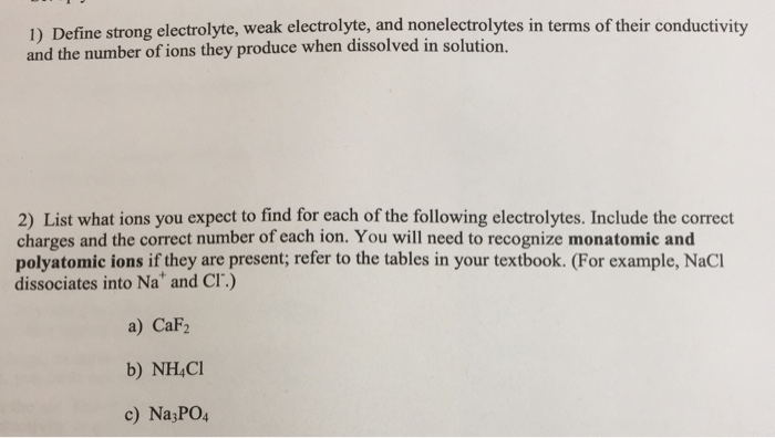 Solved Define strong electrolyte, weak electrolyte, and | Chegg.com
