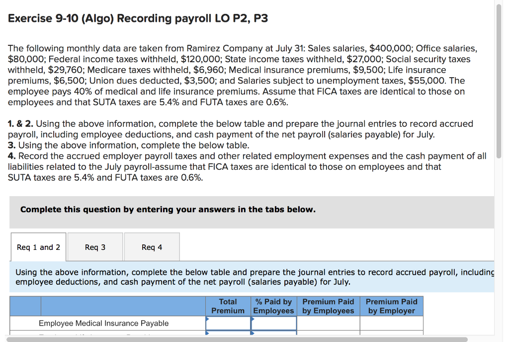 Solved Exercise 9-10 (Algo) Recording payroll LO P2, P3 The | Chegg.com