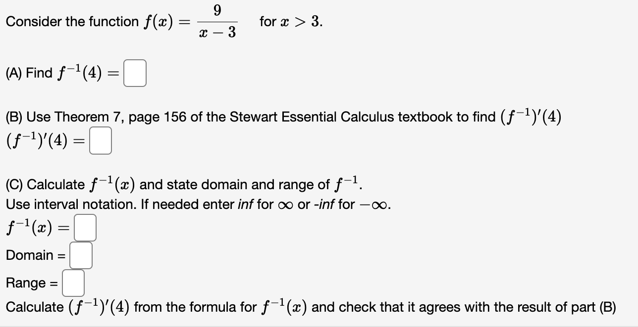 Solved Consider the function f(x)=(9)/(x-3), for x>3.\\n(A) | Chegg.com
