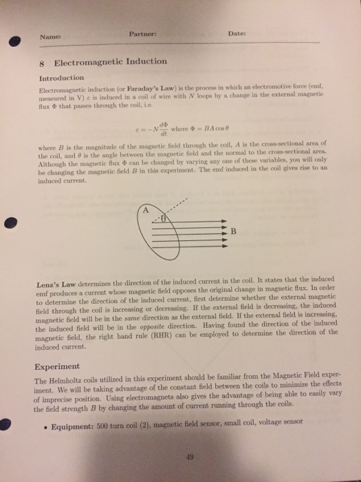 Solved Name Partner: Date: 8 Electromagnetic Induction | Chegg.com