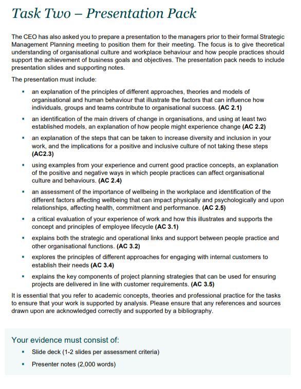 Solved Task Two - Presentation Pack The CEO has also asked | Chegg.com