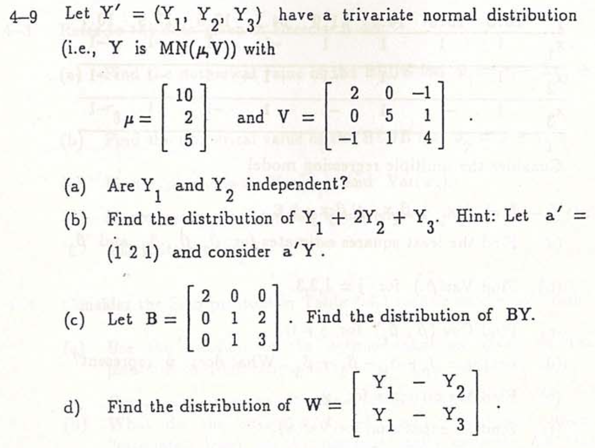 Solved 4-9 Let Y' = (Y_, Yz. Y3) have a trivariate normal | Chegg.com