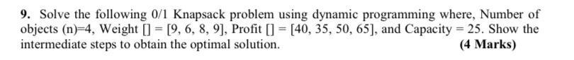 Solved 9. Solve the following 0/1 Knapsack problem using | Chegg.com