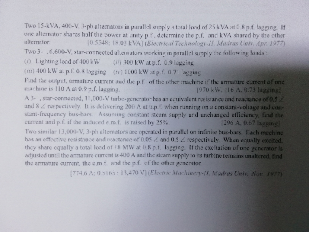 Solved Two 15-KVA.400-V, 3-ph alternators in parallel supply | Chegg.com