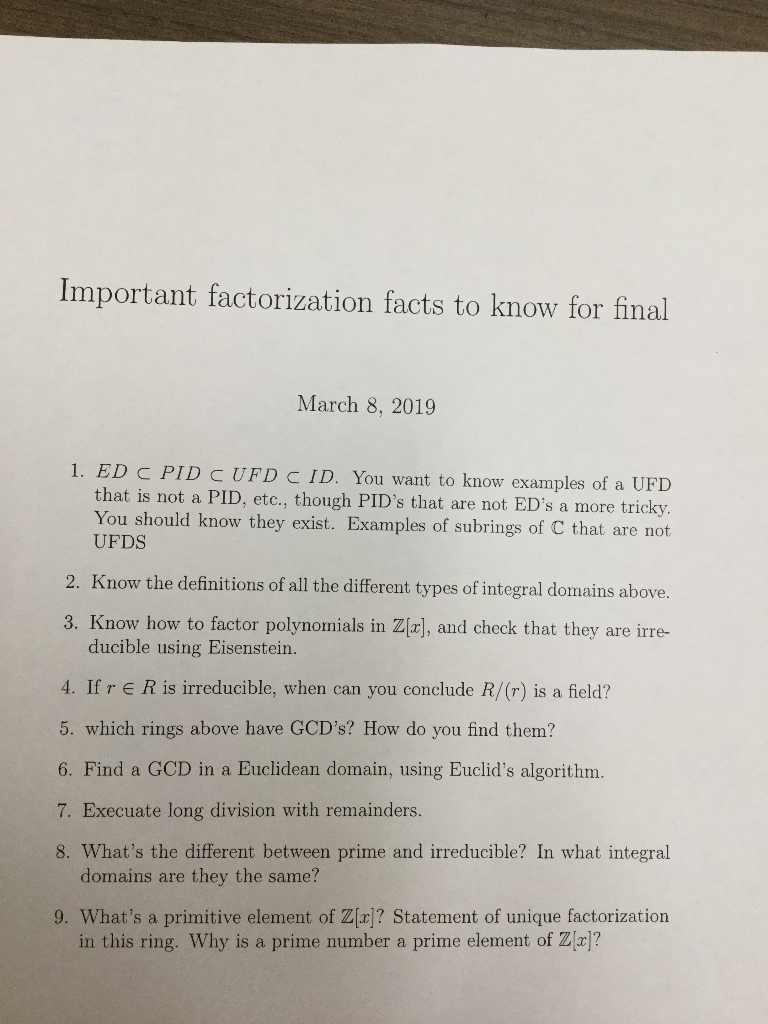 Solved Important factorization facts to know for final March | Chegg.com