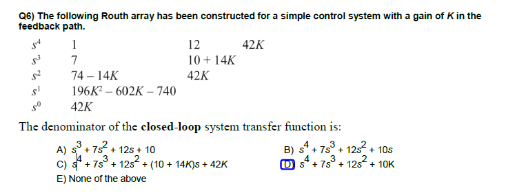 Solved SA s2 06) The following Routh array has been | Chegg.com