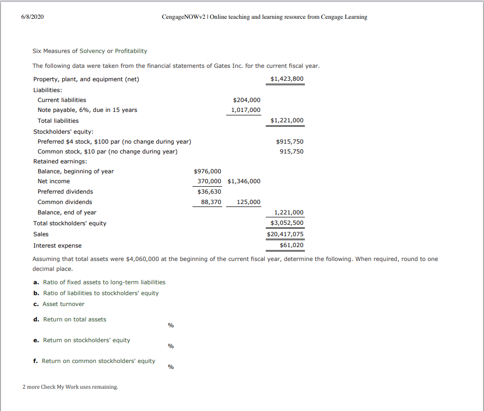 Solved 6/8/2020 CengageNOWv2 1 Online teaching and learning | Chegg.com