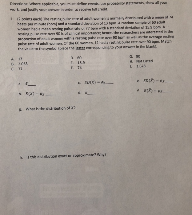 Solved Directions: Where applicable, you must define events, | Chegg.com