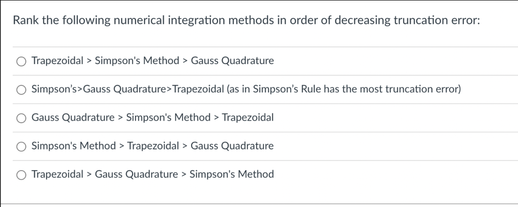 Solved Rank the following numerical integration methods in | Chegg.com