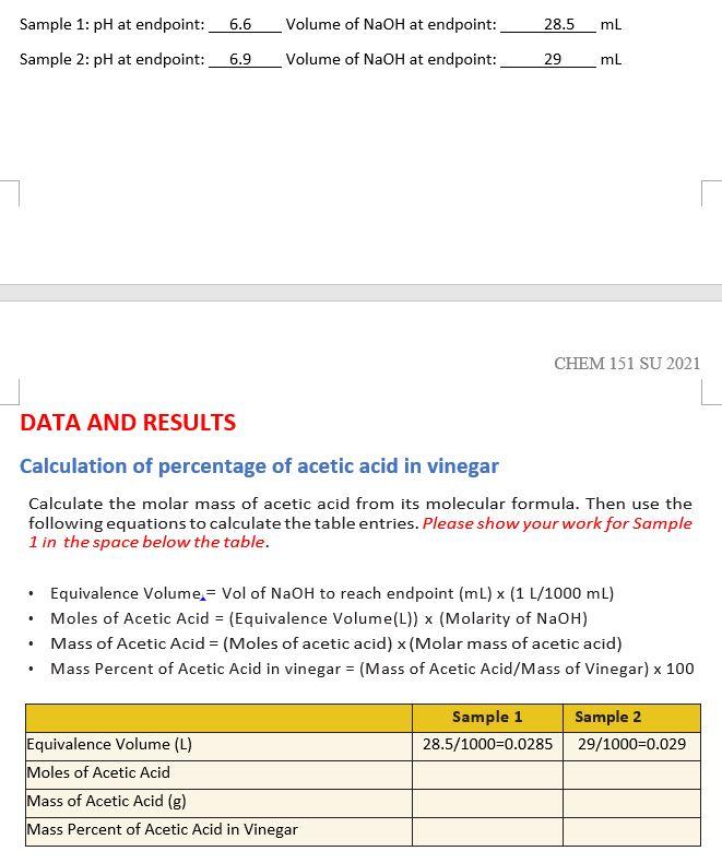 Calculation of percentage of acetic acid in vinegar | Chegg.com