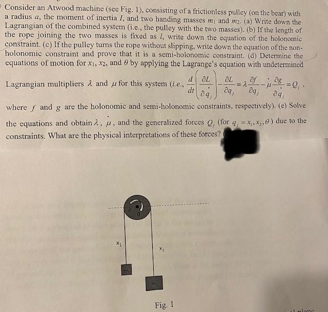 Solved Consider an Atwood machine (see Fig. 1), consisting | Chegg.com