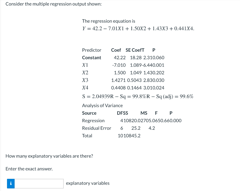 Solved Consider the multiple regression output shown: The | Chegg.com