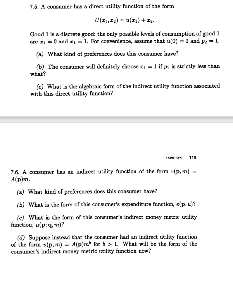 Solved 7.5. A consumer has a direct utility function of the | Chegg.com