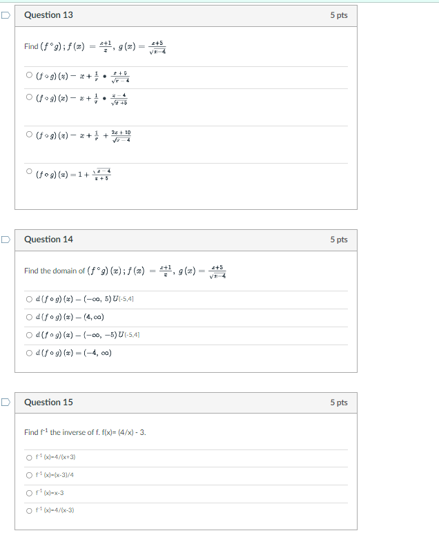Solved Question 13 5pts Find (f∘g);f(x)=7x+1,g(x)=1−4x+5 | Chegg.com