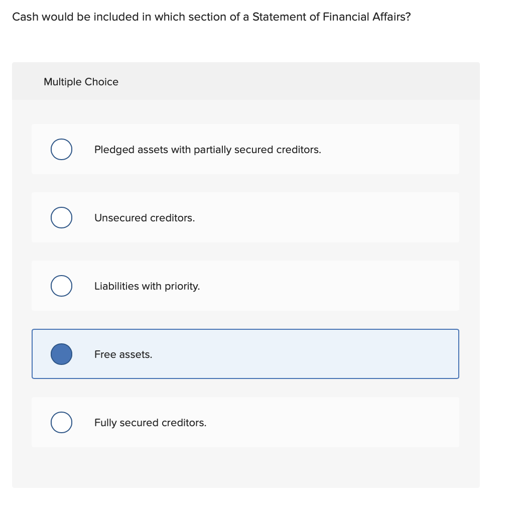 Solved Cash would be included in which section of a | Chegg.com