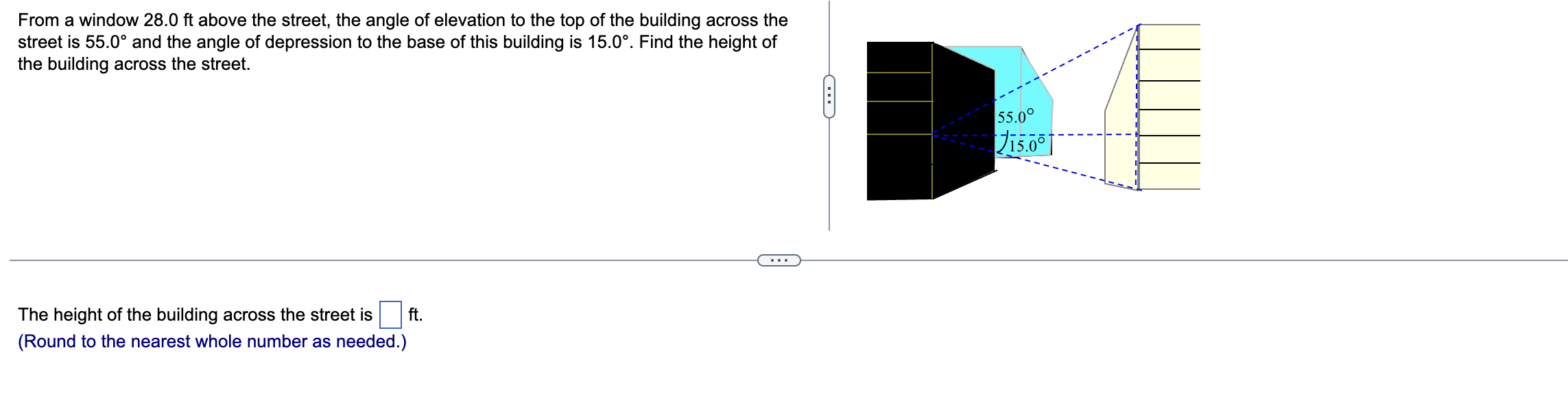 Solved From a window 28.0ft above the street, the angle of | Chegg.com