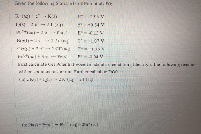 Solved Given the following Standard Cell Potentials EO: | Chegg.com