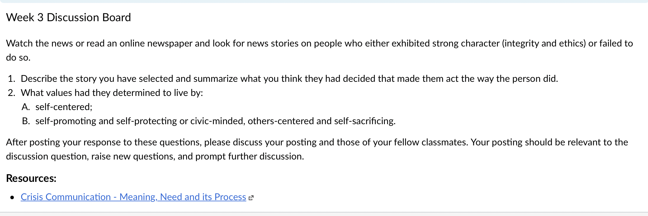 Solved Week 3 Discussion Board Watch the news or read an | Chegg.com