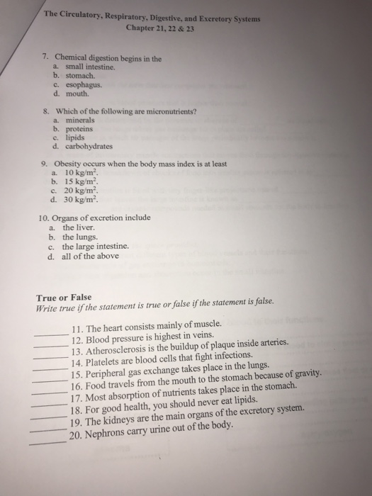 Solved The Circulatory, Respiratory, Digestive, and | Chegg.com
