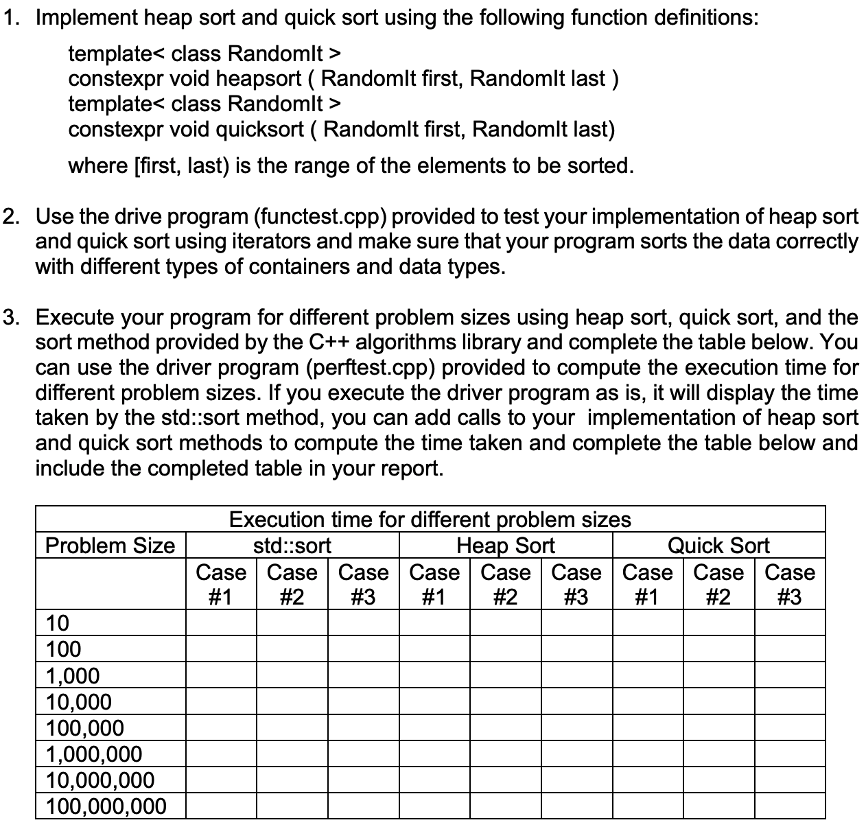 Solved 1. Implement heap sort and quick sort using the | Chegg.com
