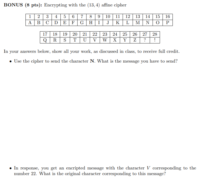Solved BONUS (8 pts): Encrypting with the (13,4) affine | Chegg.com