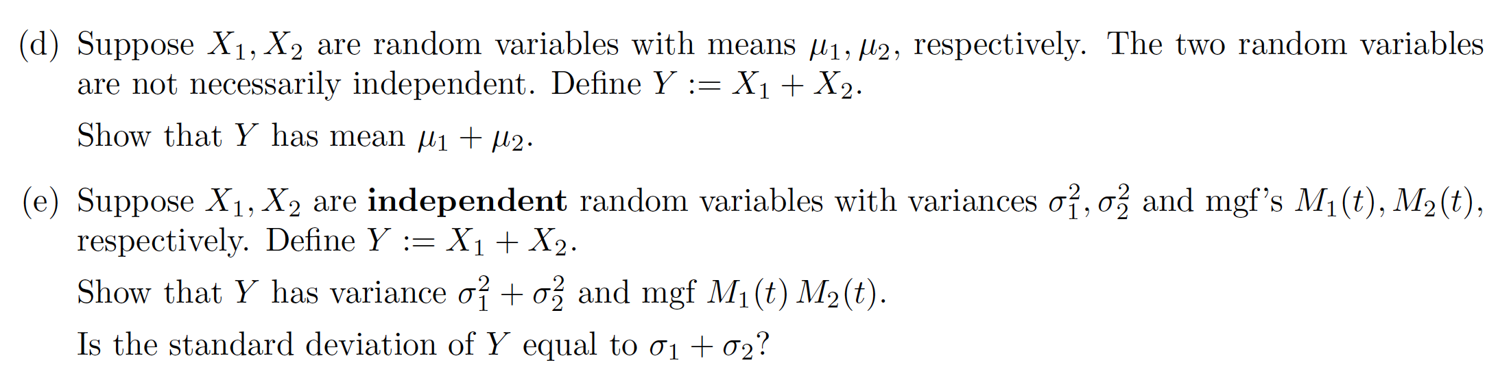 Solved (d) Suppose X1,X2 are random variables with means | Chegg.com